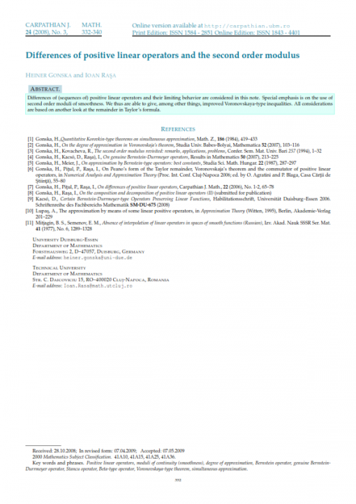 Differences Of Positive Linear Operators And The Second Order Modulus