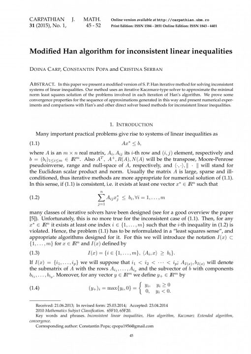 » Modified Han algorithm for inconsistent linear inequalities