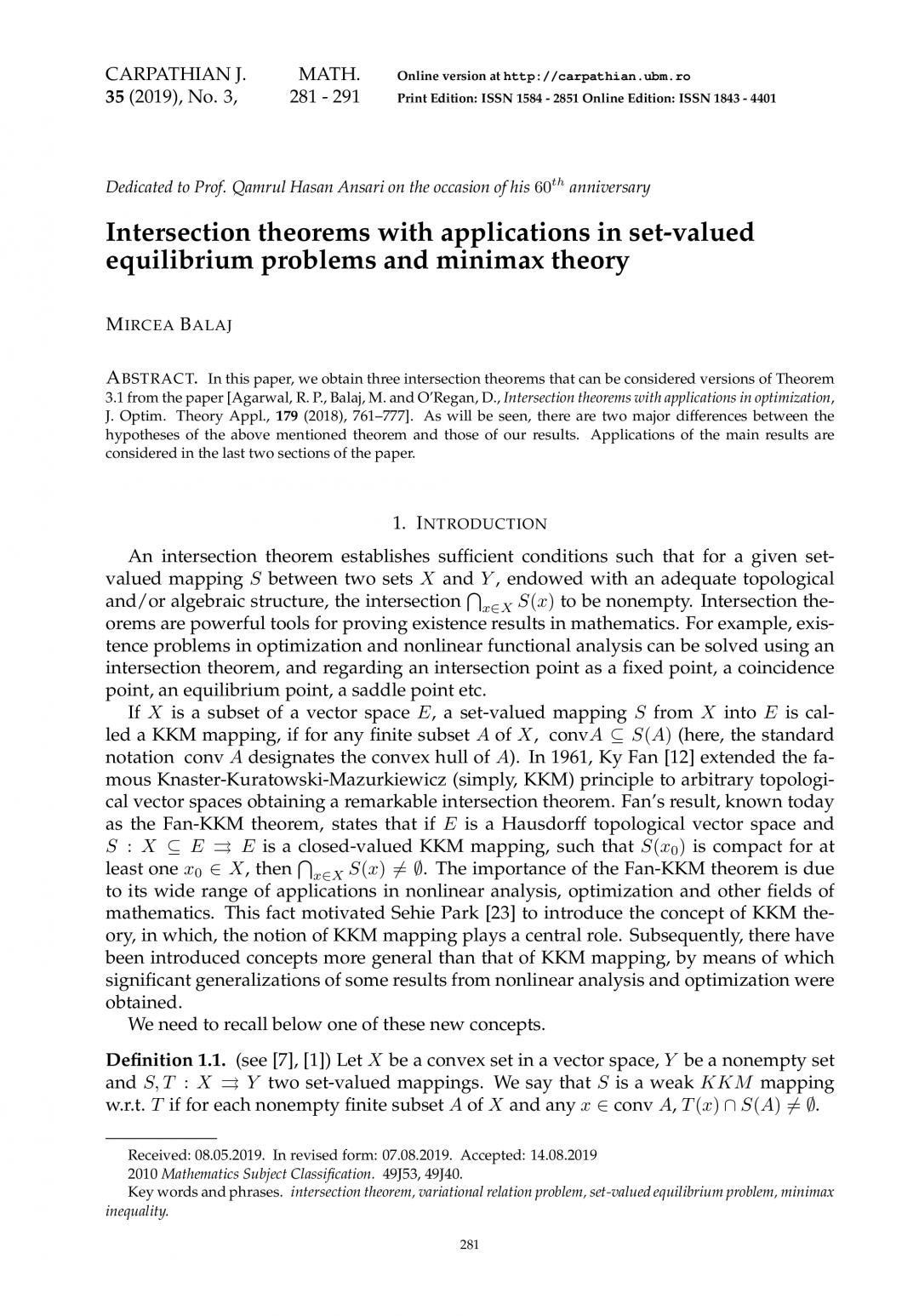 » Intersection theorems with applications in set-valued equilibrium problems and minimax theory