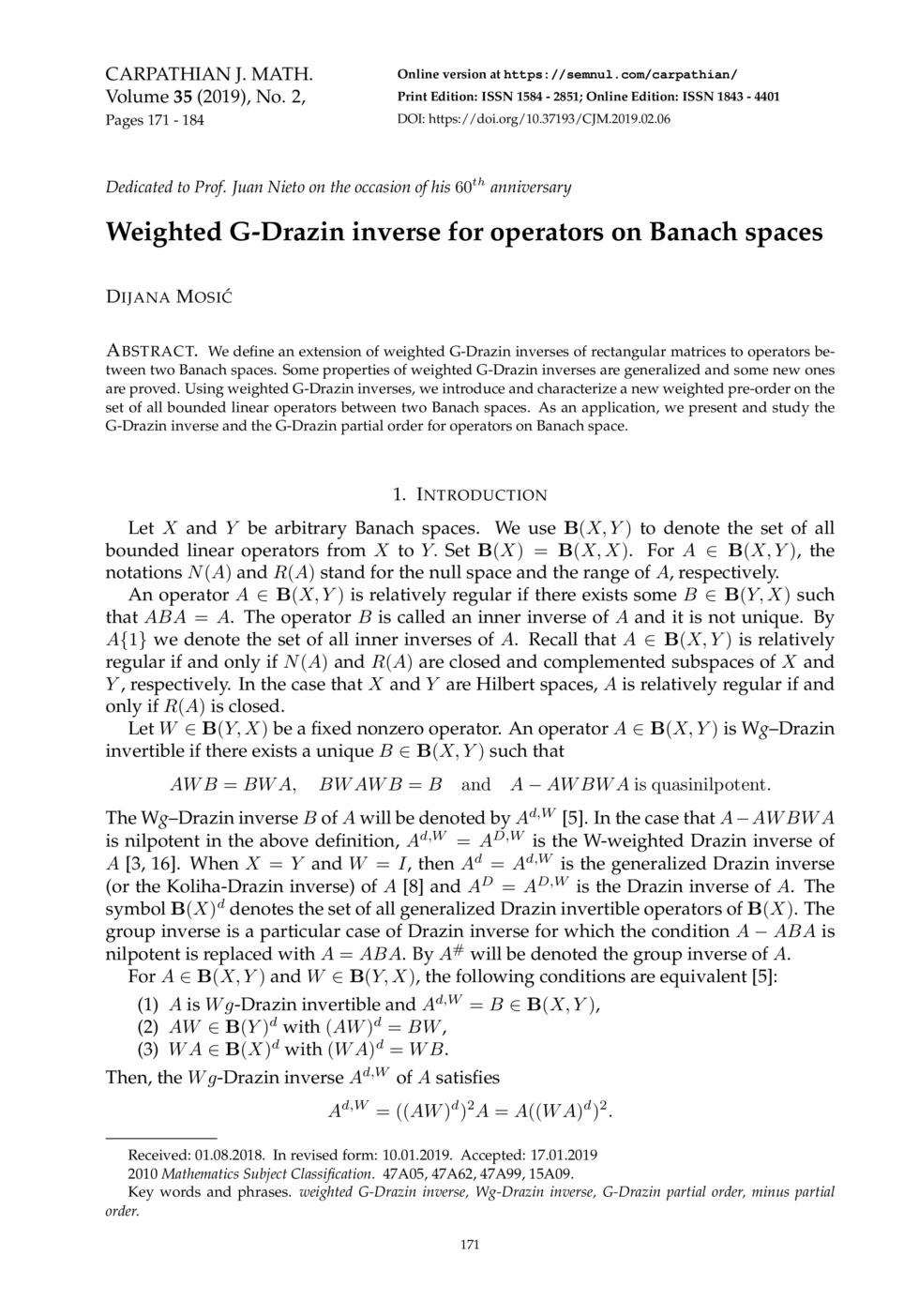 » Weighted G-Drazin inverse for operators on Banach spaces
