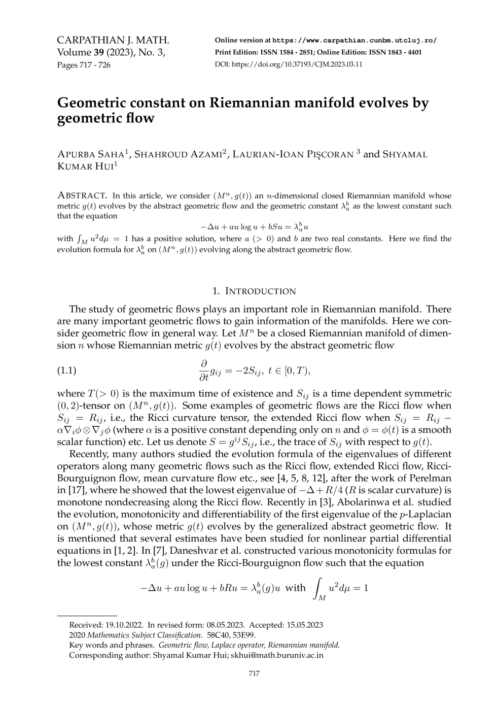 » Geometric constant on Riemannian manifold evolves by geometric flow