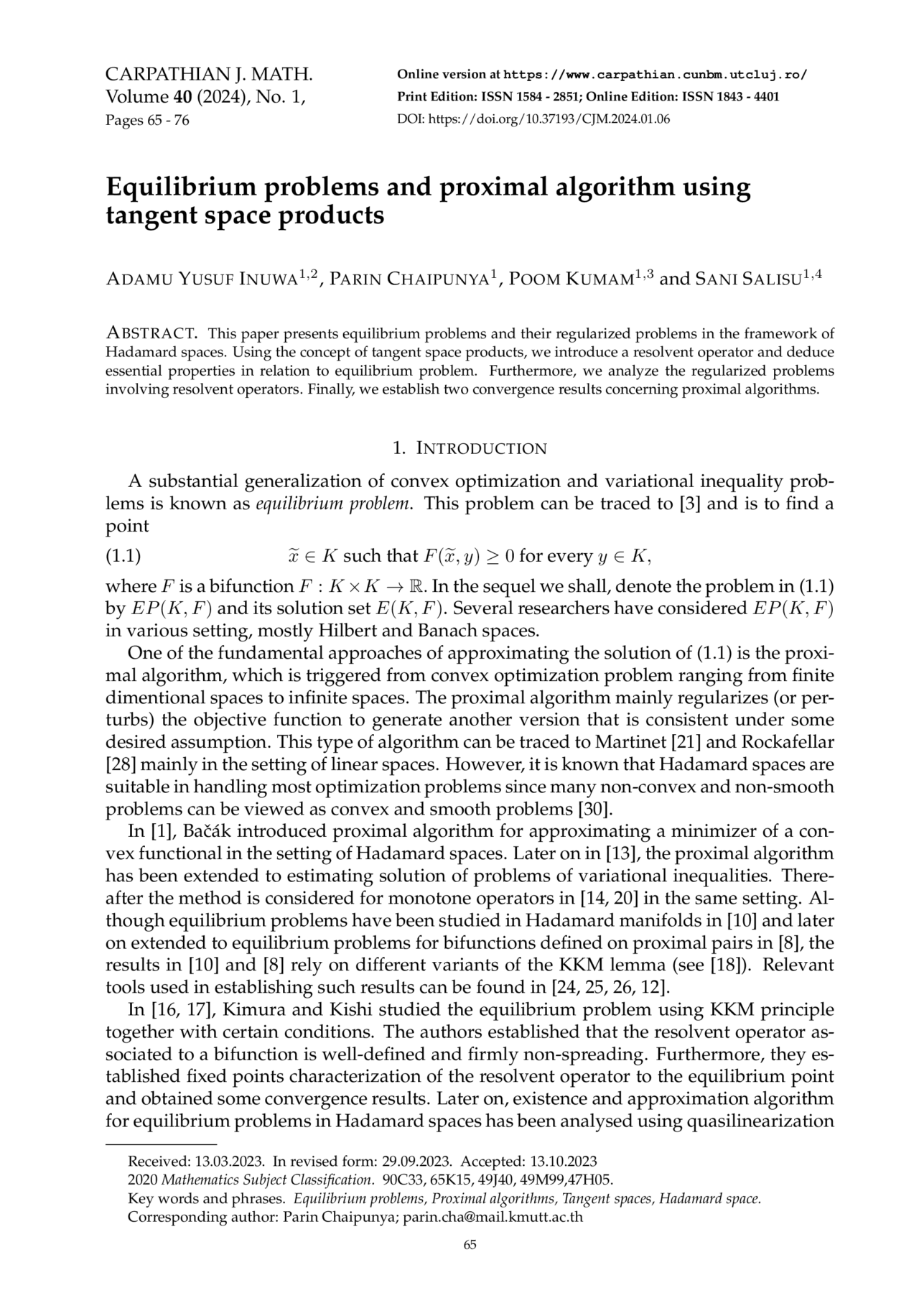 » Equilibrium problems and proximal algorithm using tangent space products