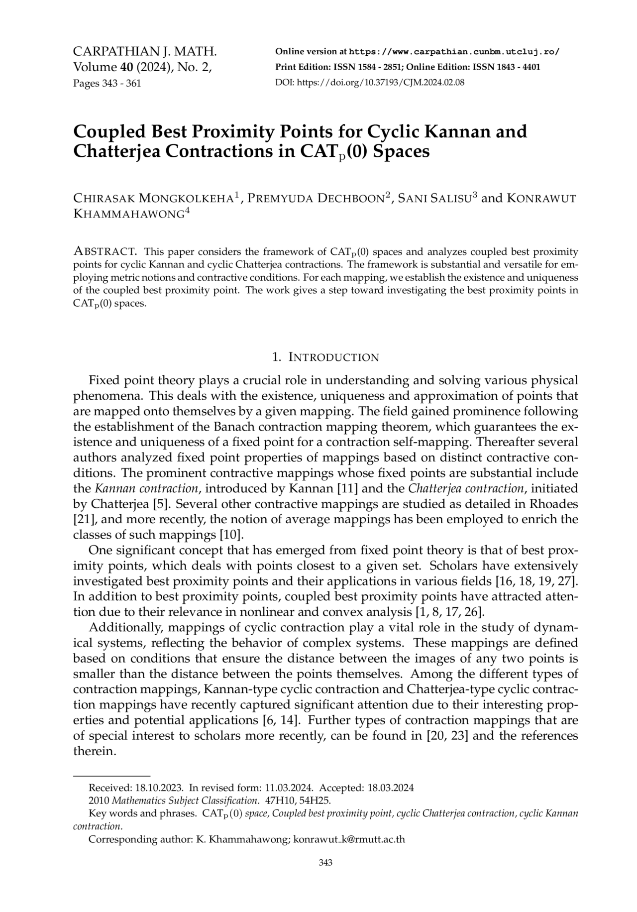 » Coupled Best Proximity Points for Cyclic Kannan and Chatterjea Contractions in CAT_p(0) Spaces