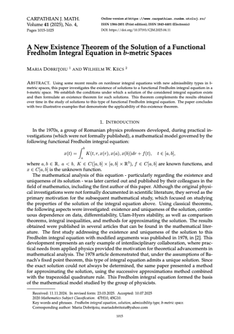 » A New Existence Theorem of the Solution of a Functional Fredholm Integral Equation in b-metric ...